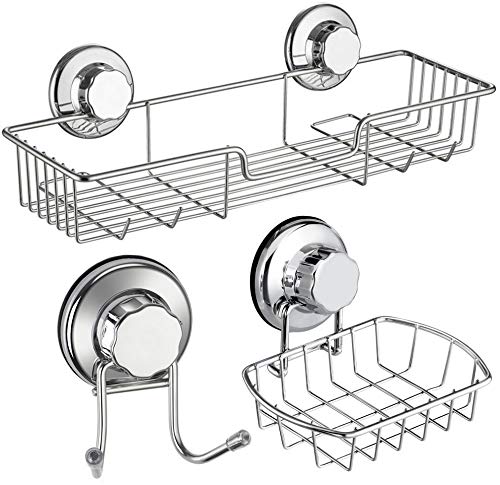 iPEGTOP Shower Caddy Basket Shelf & Soap Dish Holder & Bath Hook for Bathroom Shampoo Conditioner Kitchen Storage Organizer Rustproof Stainless Steel, No Drilling Suction Cup - 3 Pack