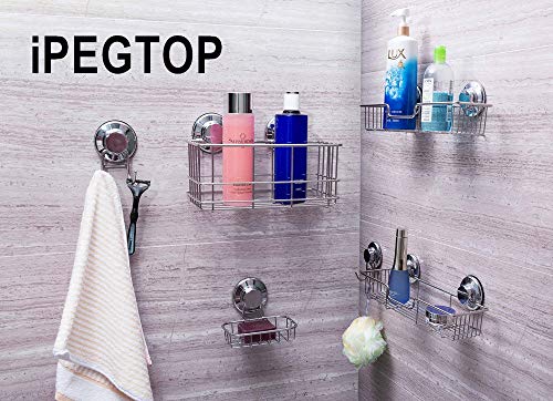 iPEGTOP Shower Caddy Basket Shelf & Soap Dish Holder & Bath Hook for Bathroom Shampoo Conditioner Kitchen Storage Organizer Rustproof Stainless Steel, No Drilling Suction Cup - 3 Pack