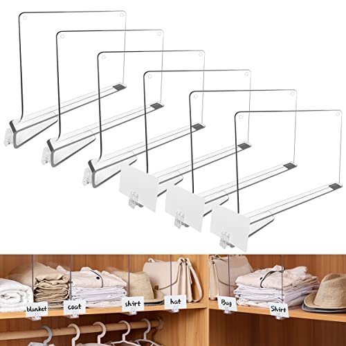 kaguster 6 PCS Clear Acrylic Shelf Dividers for Closets, 6 White Cards and 6 Clear Acrylic Self-Adhesive Clips - Closet Organizer and Storage Separate Clothing,Books, Document and Purses