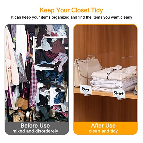 kaguster 6 PCS Clear Acrylic Shelf Dividers for Closets, 6 White Cards and 6 Clear Acrylic Self-Adhesive Clips - Closet Organizer and Storage Separate Clothing,Books, Document and Purses