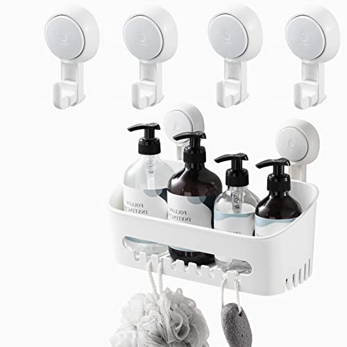 VELMADE Shower Caddy, Shower Shelves 5 Pack, Suction Cup Shower Caddy with 4 Strong Suction Cup Hooks, No Drilling Shower Organizer with Large Capacity, Heavy Duty Wall Mounted Removable, White