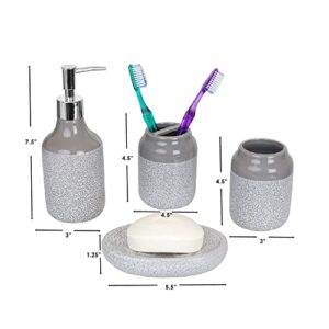 Home Basics Crackle 4 Piece Ceramic Bath Accessory Set-Includes Lotion Dispenser, Toothbrush Holder, Soap Dish, Tumbler, Grey