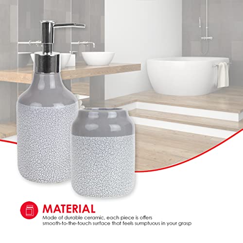 Home Basics Crackle 4 Piece Ceramic Bath Accessory Set-Includes Lotion Dispenser, Toothbrush Holder, Soap Dish, Tumbler, Grey