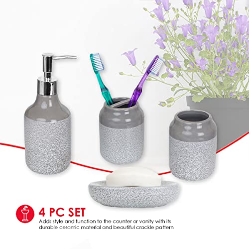 Home Basics Crackle 4 Piece Ceramic Bath Accessory Set-Includes Lotion Dispenser, Toothbrush Holder, Soap Dish, Tumbler, Grey