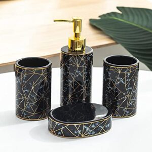 runlaikeji 4-piece ceramic bthroom accessories set, marbling ceramic bathroom set accessories, home bathroom counter set with soap dispenser, soap dish, 2 mouthwash cups, home decor accessories