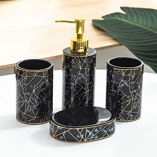 RUNLAIKEJI 4-Piece Ceramic Bthroom Accessories Set, Marbling Ceramic Bathroom Set Accessories, Home Bathroom Counter Set with Soap Dispenser, Soap Dish, 2 Mouthwash Cups, Home Decor Accessories