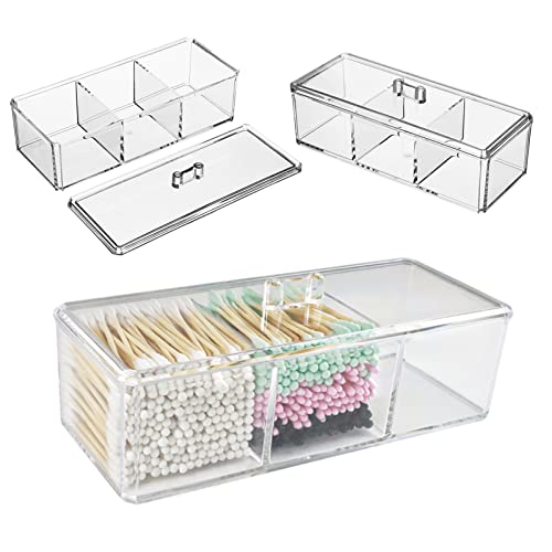 Clear Cotton Ball and Swab Holder 3 Divided Compartments with Lid, Transparent Acrylic Dresser Organizer, Waterproof Bathroom Organizers Small Plastic Storage Containers, Vanity Makeup Organization