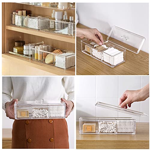 Clear Cotton Ball and Swab Holder 3 Divided Compartments with Lid, Transparent Acrylic Dresser Organizer, Waterproof Bathroom Organizers Small Plastic Storage Containers, Vanity Makeup Organization