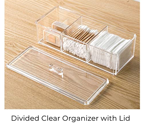 Clear Cotton Ball and Swab Holder 3 Divided Compartments with Lid, Transparent Acrylic Dresser Organizer, Waterproof Bathroom Organizers Small Plastic Storage Containers, Vanity Makeup Organization