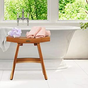 EcoDecors Snazzy Corner Teak Shower Corner Shelf 18" Tall Natural Wood Corner Shower Seat Bench with Shelf 60 Degree Oasis Corner Stool in Earthy Teak Finish