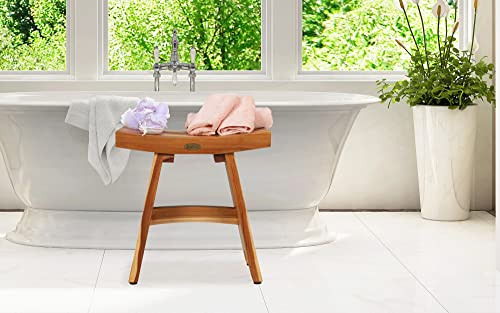 EcoDecors Snazzy Corner Teak Shower Corner Shelf 18" Tall Natural Wood Corner Shower Seat Bench with Shelf 60 Degree Oasis Corner Stool in Earthy Teak Finish