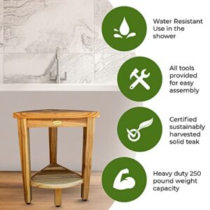 EcoDecors Snazzy Corner Teak Shower Corner Shelf 18" Tall Natural Wood Corner Shower Seat Bench with Shelf 60 Degree Oasis Corner Stool in Earthy Teak Finish