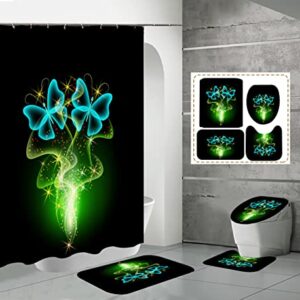 NC 4Pcs Butterfly Shower Curtain Sets with Non-Slip Rugs,Toilet Lid Cover and Bath Mats Bathroom Accessories Sets Complete Green Bathroom Sets with 12 Hooks,Waterproof Shower Curtain for Bathroom