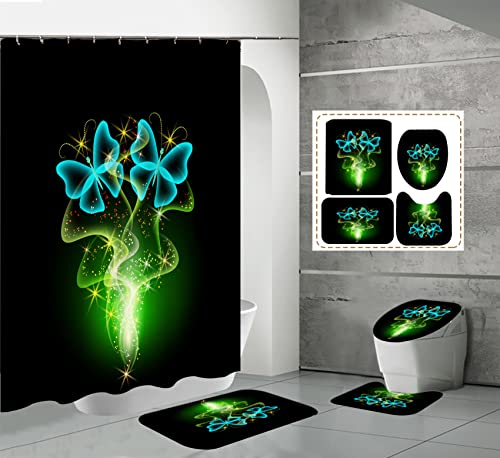 NC 4Pcs Butterfly Shower Curtain Sets with Non-Slip Rugs,Toilet Lid Cover and Bath Mats Bathroom Accessories Sets Complete Green Bathroom Sets with 12 Hooks,Waterproof Shower Curtain for Bathroom