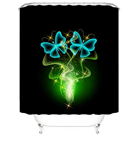 NC 4Pcs Butterfly Shower Curtain Sets with Non-Slip Rugs,Toilet Lid Cover and Bath Mats Bathroom Accessories Sets Complete Green Bathroom Sets with 12 Hooks,Waterproof Shower Curtain for Bathroom