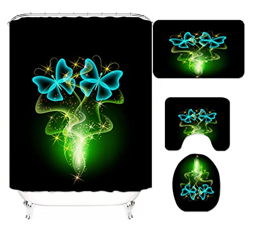 NC 4Pcs Butterfly Shower Curtain Sets with Non-Slip Rugs,Toilet Lid Cover and Bath Mats Bathroom Accessories Sets Complete Green Bathroom Sets with 12 Hooks,Waterproof Shower Curtain for Bathroom