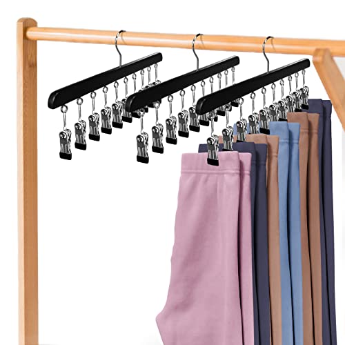 3 Pack Legging Organizer for Closet, Wooden Leggings Hangers Organizer with 30 Metal Clips, Hangers Space Saving Closet Organizer and Storage with 360° Swivel Hook for Leggings, Pants, Skirts, Ties