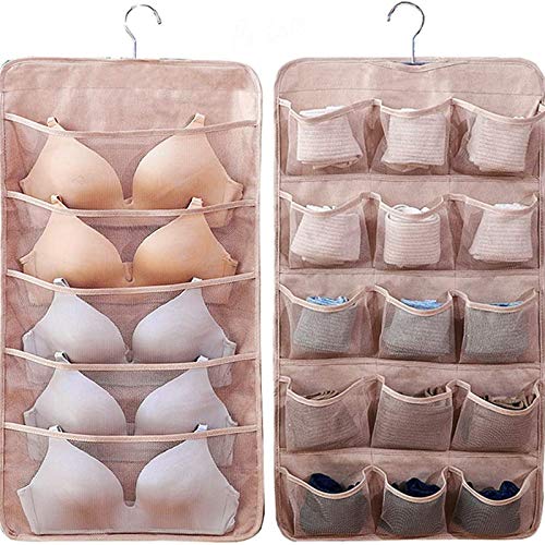 UYIDUO Dual-Sided Storage Bags, Hanging Closet Organizer for Wardrobe Organizing of Underwear, Bras, Socks and More (Beige)