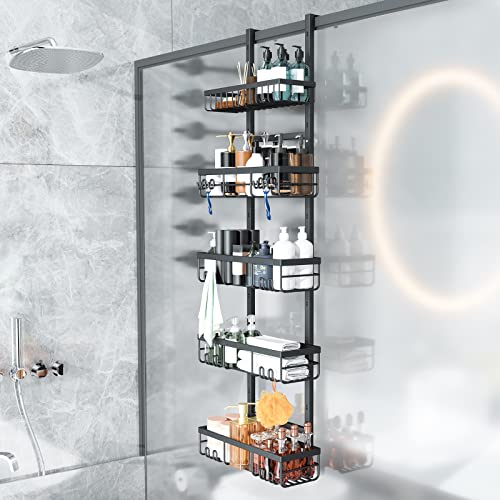 ksdenuov 5-Tier Over the Door Shower Caddy, Hanging Shower Caddy, Shower Organizer Hanging with Soap Holder for Bathroom Storage and Organisation, No Drilling, Black