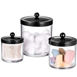 premium quality apothecary jars - clear plastic storage jars with rust proof stainless steel lids - bathroom vanity countertop storage organizer canister holder house decor | set of 3 (black)