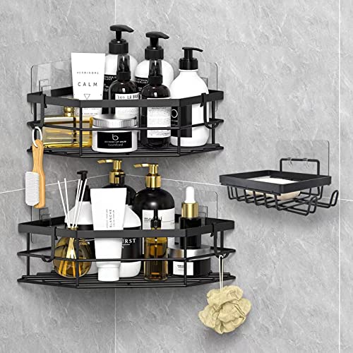 AIFEIVICO Corner Shower Caddy, 3-Pack Adhesive Shower Shelves with Soap Holder, Large Rustproof Carbon Steel Bathroom Shower Organizer with 4 Hooks, No Drilling Wall Mounted Shower Rack (Black)