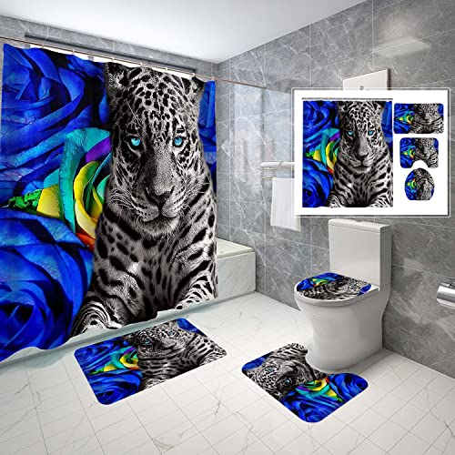 Blue Roses and Leopard Shower Curtains Bathroom Sets with Rugs and Accessories Bellcon 4pcs Animals Bathroom Sets with Toilet Seat Cover and Nonslip Bath Mat for Men and Women