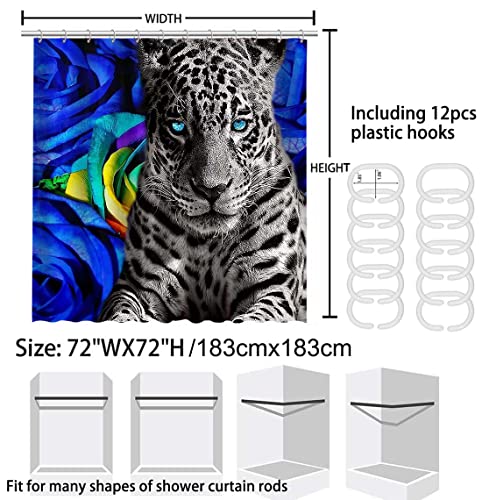 Blue Roses and Leopard Shower Curtains Bathroom Sets with Rugs and Accessories Bellcon 4pcs Animals Bathroom Sets with Toilet Seat Cover and Nonslip Bath Mat for Men and Women