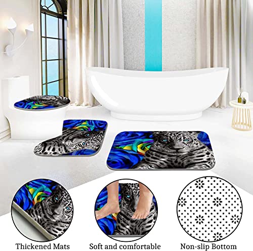 Blue Roses and Leopard Shower Curtains Bathroom Sets with Rugs and Accessories Bellcon 4pcs Animals Bathroom Sets with Toilet Seat Cover and Nonslip Bath Mat for Men and Women