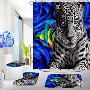 Blue Roses and Leopard Shower Curtains Bathroom Sets with Rugs and Accessories Bellcon 4pcs Animals Bathroom Sets with Toilet Seat Cover and Nonslip Bath Mat for Men and Women