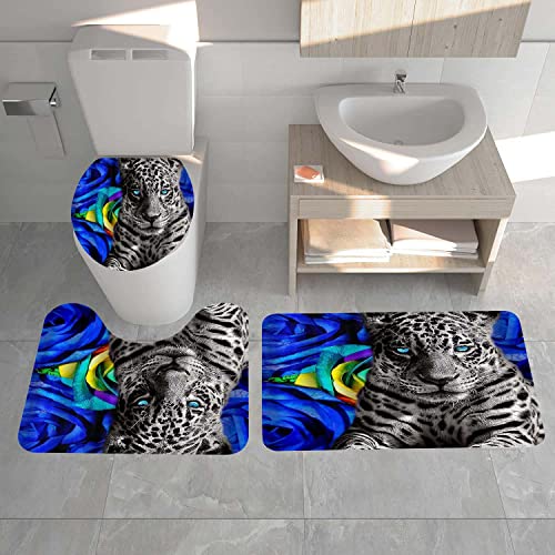 Blue Roses and Leopard Shower Curtains Bathroom Sets with Rugs and Accessories Bellcon 4pcs Animals Bathroom Sets with Toilet Seat Cover and Nonslip Bath Mat for Men and Women