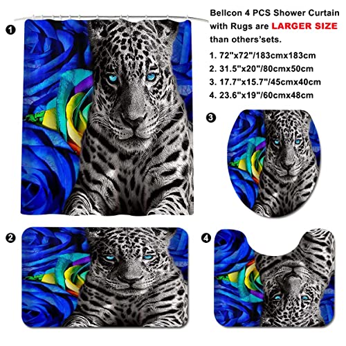 Blue Roses and Leopard Shower Curtains Bathroom Sets with Rugs and Accessories Bellcon 4pcs Animals Bathroom Sets with Toilet Seat Cover and Nonslip Bath Mat for Men and Women