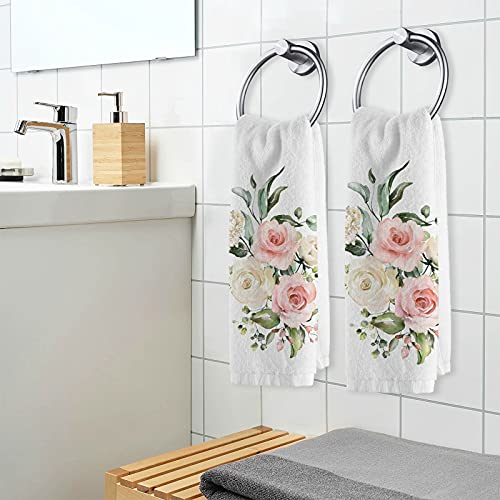 ALAZA Pink Rose & Hydrangea Flower Towels 100% Cotton Hand Towel for Bathroom 16 x 30 inch, Absorbent Soft & Skin-Friendly, 2 Pieces