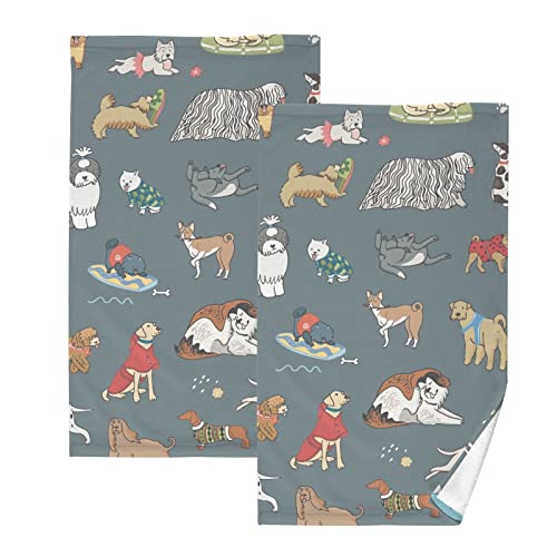 Jucciaco Funny Animals Puppy Dogs Cotton Towels for Bathroom, Soft Absorbent Hand Towel Set of 2 for Yoga Gym Kitchen Decorative, 16x28 inch