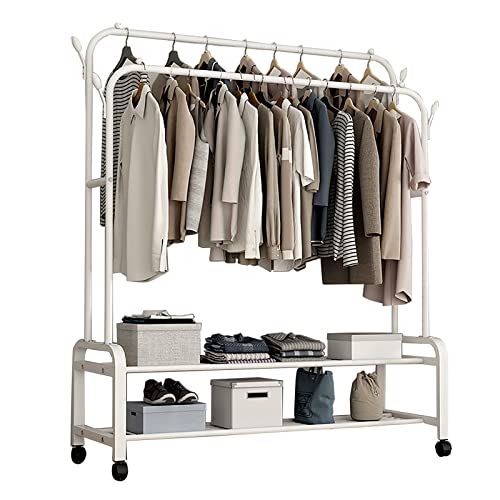 ZBYL Mobile Clothes Rack Garment Wardrobe Rack with Wheels, Metal Clothing Closet Rack with Shelves, Portable Rolling Coat Organizer Rack with Bottom Rack, 105×140cm