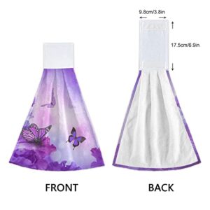 Kigai Purple Butterfly Hanging Tie Towels Set of 2, Absorbent Hand Towels Tea Bar Dish Dry Towels for Kitchen Bathroom Home Decor, 14 x18.2 inch