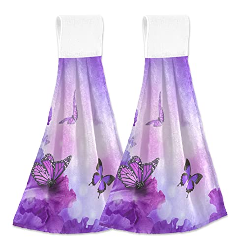 Kigai Purple Butterfly Hanging Tie Towels Set of 2, Absorbent Hand Towels Tea Bar Dish Dry Towels for Kitchen Bathroom Home Decor, 14 x18.2 inch