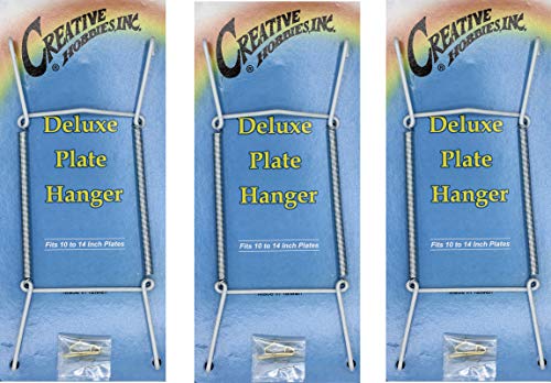 Creative Hobbies Deluxe Plate Display Hangers, Spring Style- Assembled & Ready to Use -Hold 10 to 14 Inch Plates- White Coated Wire Spring Type, Hanger Hooks & Nails Included -Pack of 3 Hangers