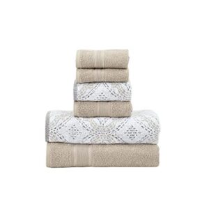 modern threads capri 6-piece reversible yarn dyed jacquard towel set - bath towels, hand towels, & washcloths - super absorbent & quick dry - 100% combed cotton, khaki