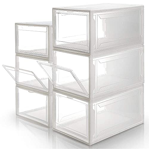 Homde Shoe Boxes Stackable Shoe Storage Rack White Frame with Clear Drawer, 3 Pack Large Size and 3 Pack X-Large Size