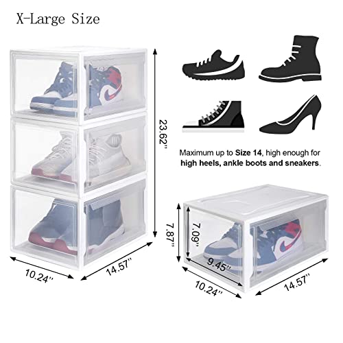 Homde Shoe Boxes Stackable Shoe Storage Rack White Frame with Clear Drawer, 3 Pack Large Size and 3 Pack X-Large Size