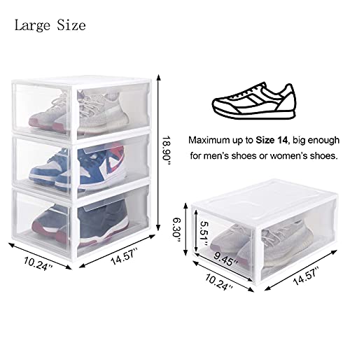 Homde Shoe Boxes Stackable Shoe Storage Rack White Frame with Clear Drawer, 3 Pack Large Size and 3 Pack X-Large Size