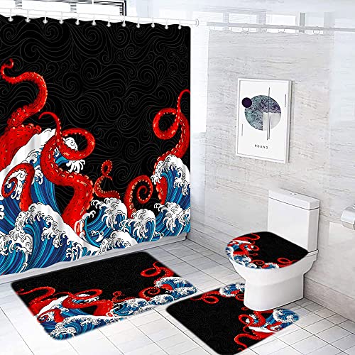 CCXTCZ 4 Piece Nautical Octopus Shower Curtain Sets Red Kraken Tentacles Sea Ocean Animal Colorful Fashion Underwater Marine Life with Non-Slip Rugs Toilet Lid Cover and Bath Mat Bathroom Decor Set.