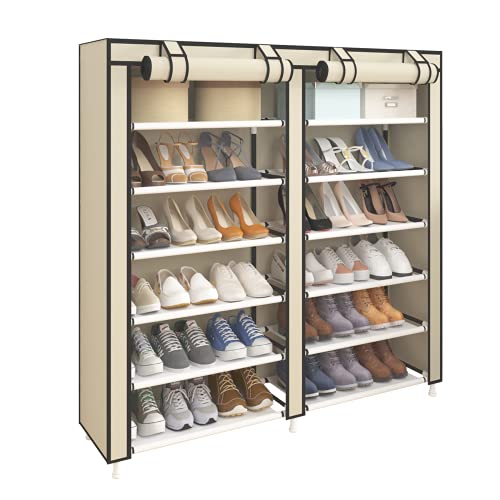 UDEAR Shoe Rack Portable 7 Tier Free Standing Shoe Organizer with Dustproof Cover Beige