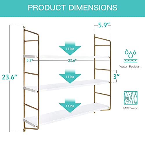 BOLUO Gold Wall Shelf - Bathroom Shelves Modern Decor Living Room Bedroom Kitchen Adjustable 24 inch Long, White and Gold