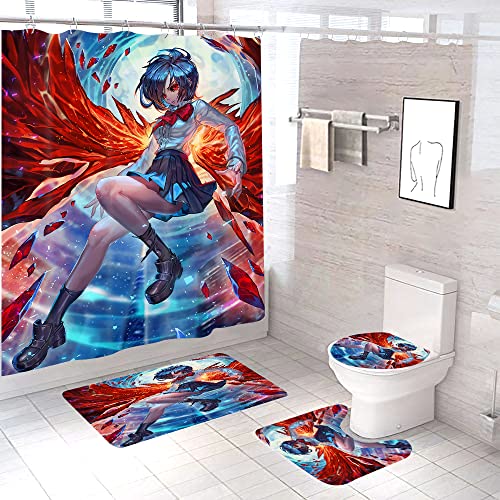 daweitianlong 4 Piece Anime Shower Curtain Set with Non-Slip Rug, Thickened Toilet Lid Cover and Bath Mat,Waterproof Anime Shower Curtain Sets for Bathroom with 12 Hooks 59x71 inch, 14