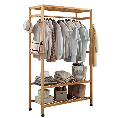 YXDFG Bamboo Clothing Rack, with Top Shelf and Shoe Clothing Storage Organizer Shelves,with Shelves Heavy Duty Rolling Clothes Coat Rack,for Hanging Clothes,Wood,100×35×165cm