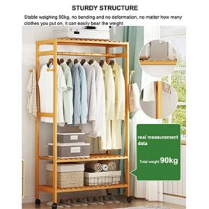 YXDFG Bamboo Clothing Rack, with Top Shelf and Shoe Clothing Storage Organizer Shelves,with Shelves Heavy Duty Rolling Clothes Coat Rack,for Hanging Clothes,Wood,100×35×165cm