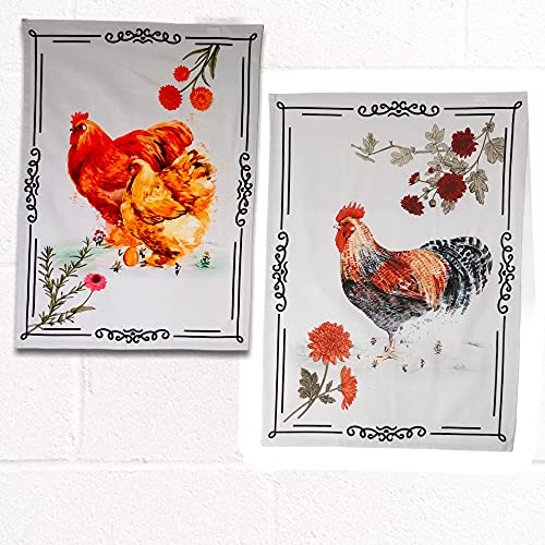 Shes Chic Rooster Chicken Kitchen Towels - 100% Cotton Farmhouse Set of 2 Multi-Purpose Feedsack Dish Towel for Drying | Tea Towels | Bar Towels 26 Inch by 18 Inch with Hanging Loop