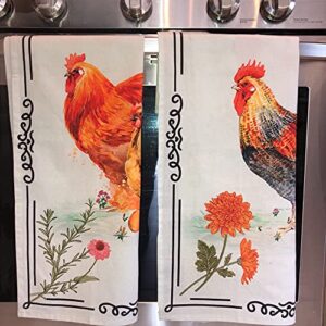 Shes Chic Rooster Chicken Kitchen Towels - 100% Cotton Farmhouse Set of 2 Multi-Purpose Feedsack Dish Towel for Drying | Tea Towels | Bar Towels 26 Inch by 18 Inch with Hanging Loop