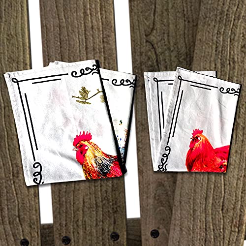 Shes Chic Rooster Chicken Kitchen Towels - 100% Cotton Farmhouse Set of 2 Multi-Purpose Feedsack Dish Towel for Drying | Tea Towels | Bar Towels 26 Inch by 18 Inch with Hanging Loop